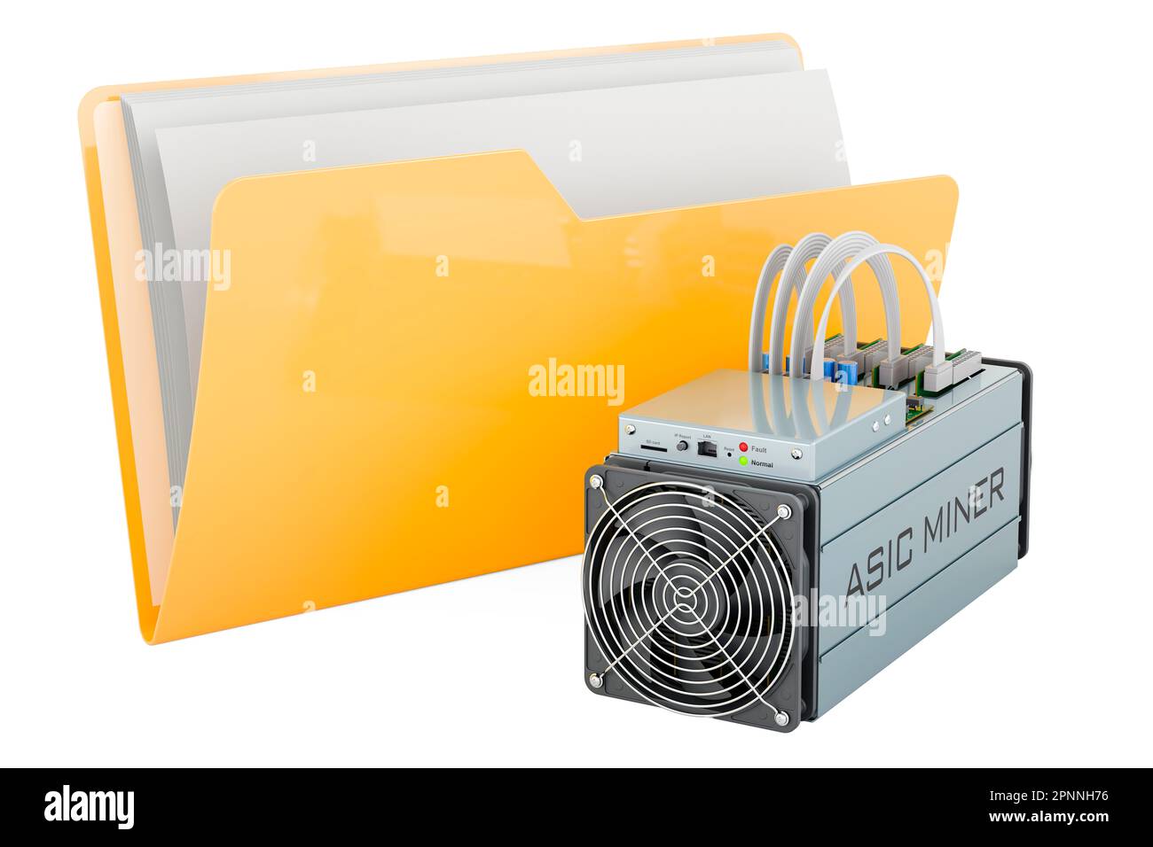 Yellow computer folder icon with ASIC miner, 3D rendering isolated on ...