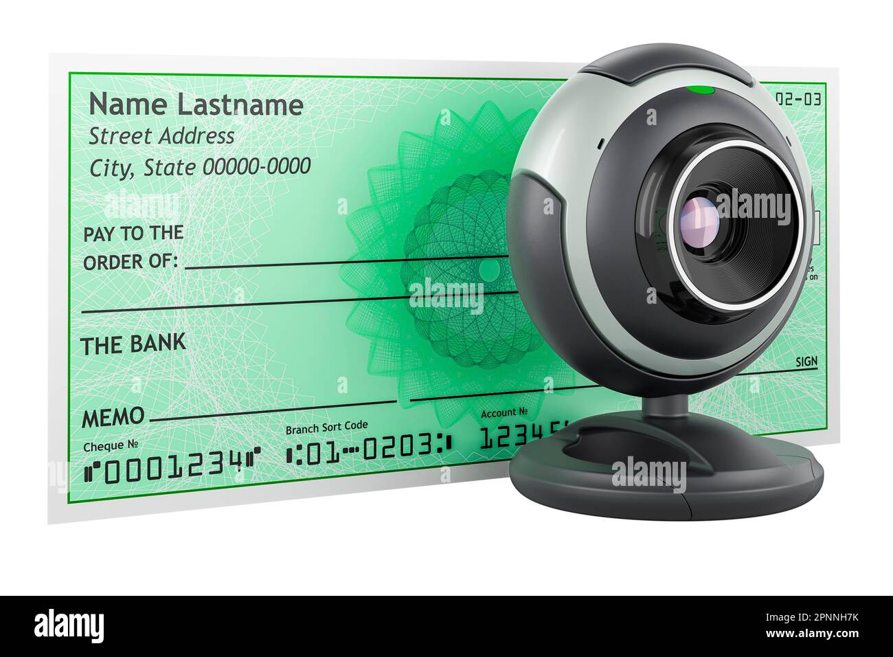 Webcam with blank bank check, 3D rendering isolated on white background ...
