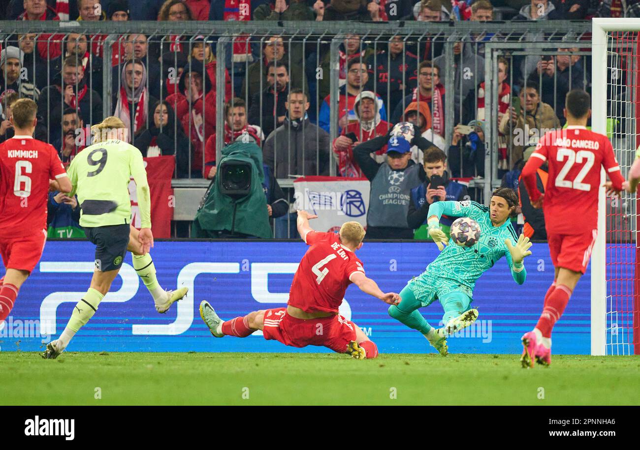 Munich, Apr 19, 2023. Erling Haaland, MANCITY 9 scores, shoots goal ...