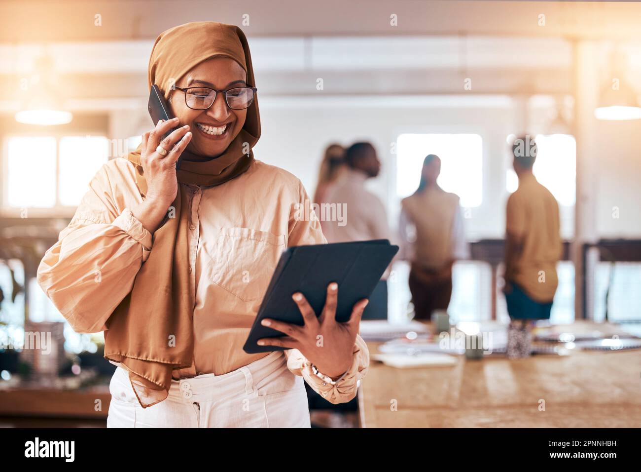 Phone call, tablet and muslim woman in office for happy multitasking ...