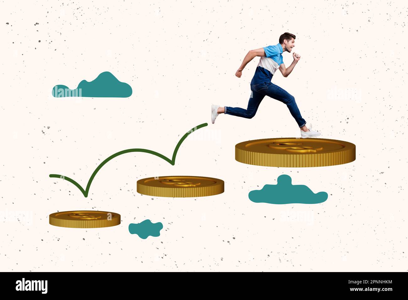 Creative collage picture of mini determined guy run jump climb big ...