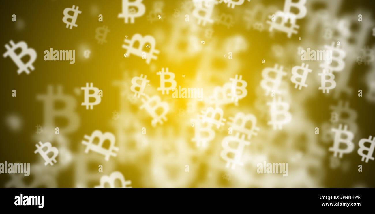 Flying bitcoin logos over yellow background Stock Photo - Alamy