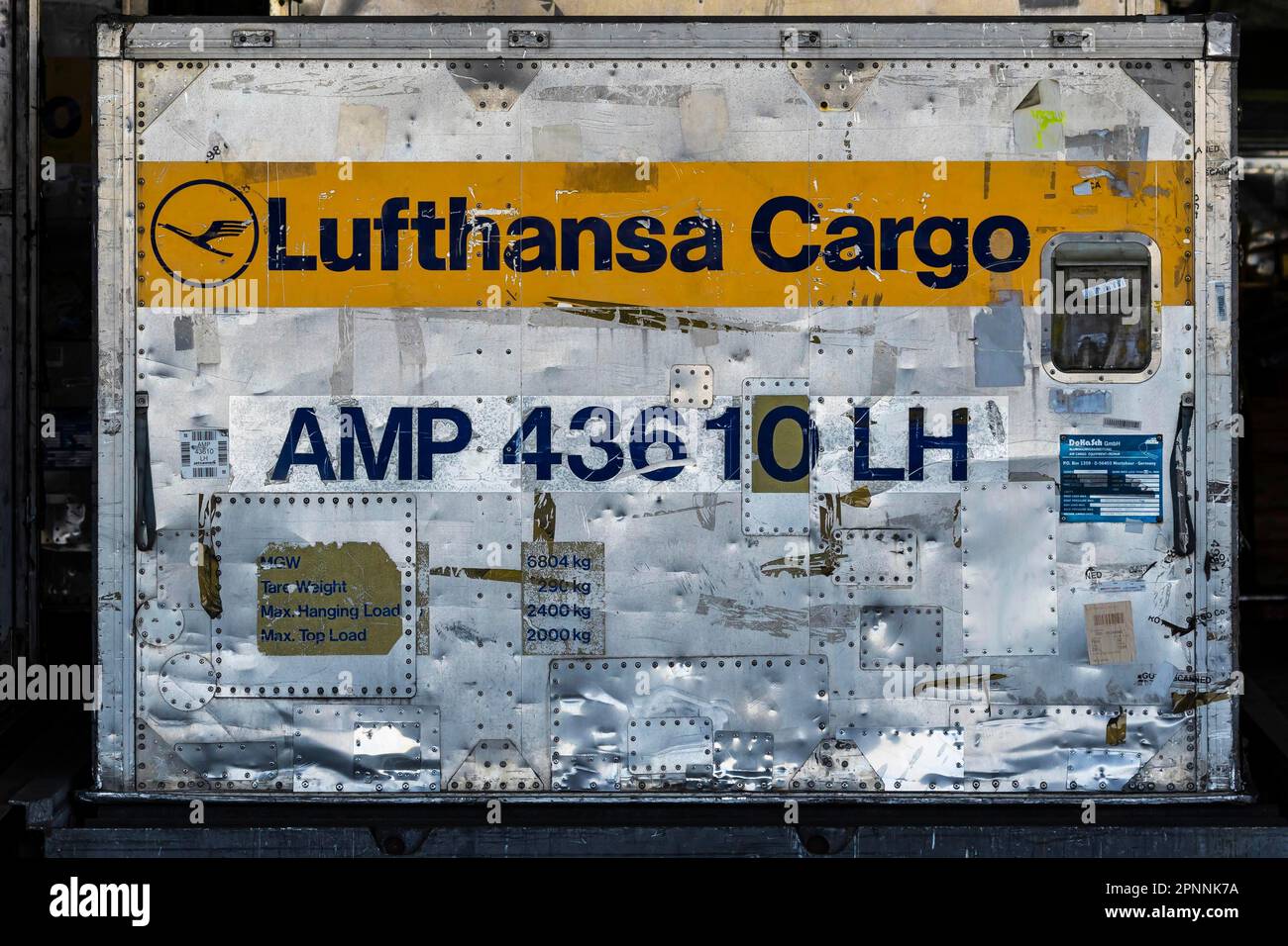 Dented aluminium cargo container, Lufthansa Cargo, Stuttgart, Baden ...
