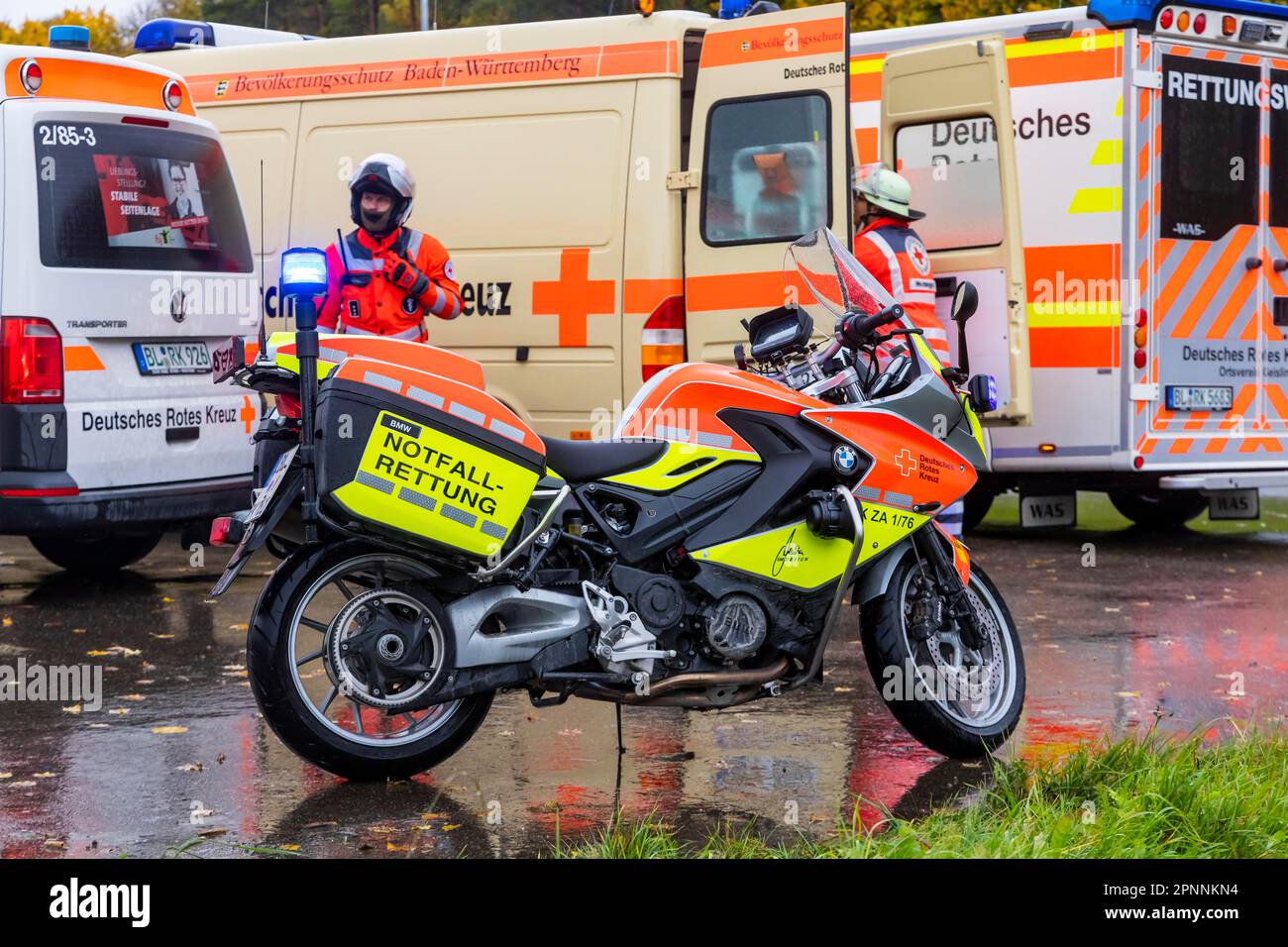 Motorbike and ambulance, emergency rescue German Red Cross DRK, Stetten ...