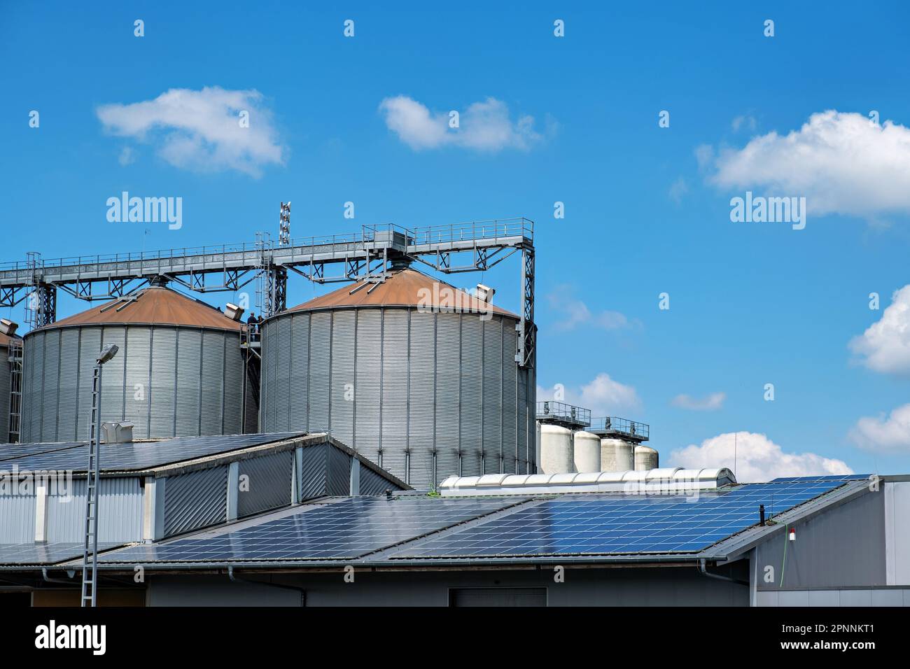 Close-up of silver silos at an agro-processing plant for processing ...