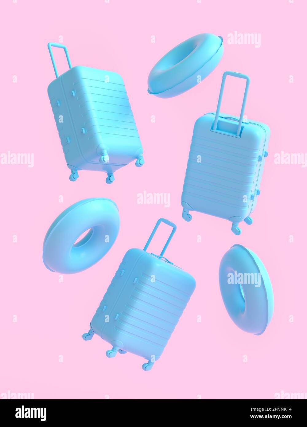 Colorful suitcase and inflatable ring flying on monochrome background ...