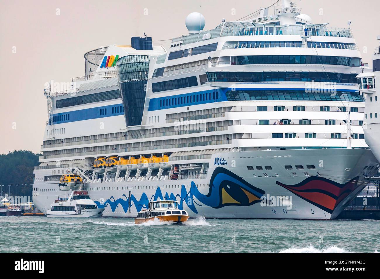 Cruise ships moored at the Stazione Marittima cruise terminal, AIDA blu ...