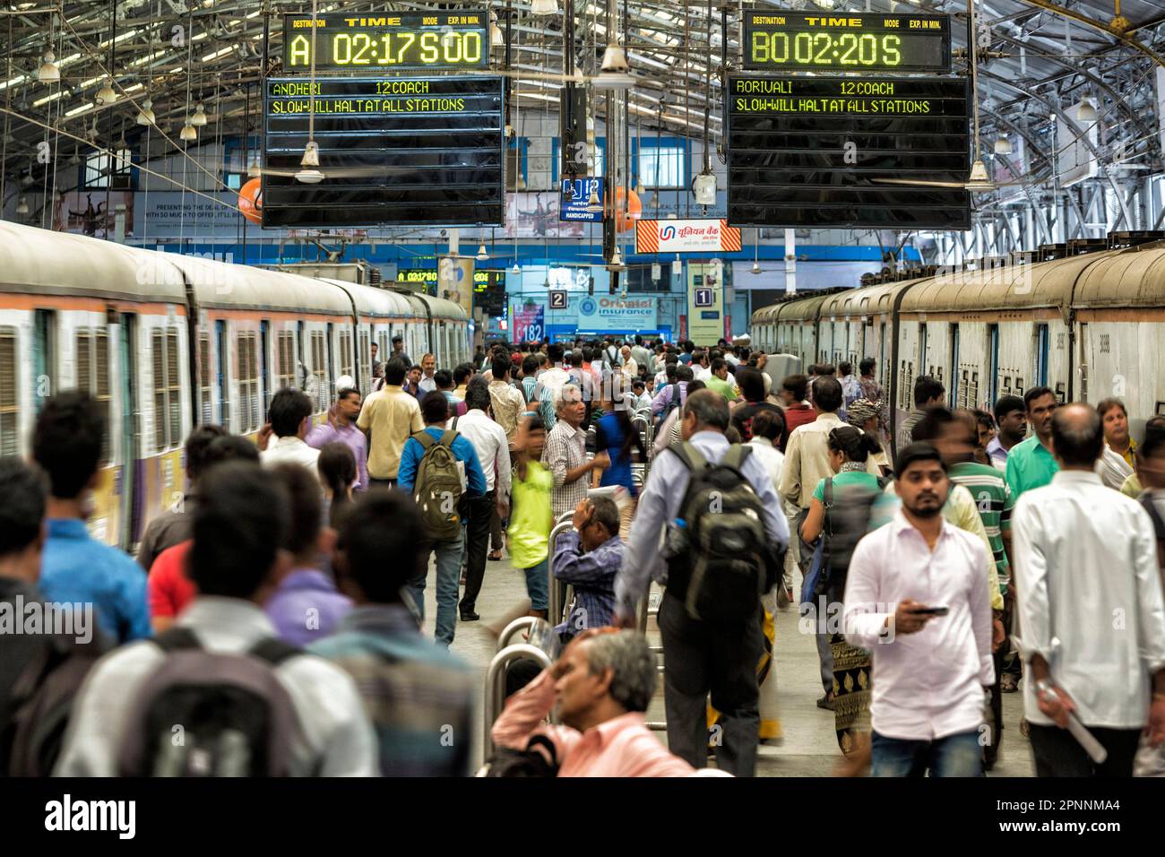 Crowded trains and passengers at CHURCHGATE station, Mumbai ...