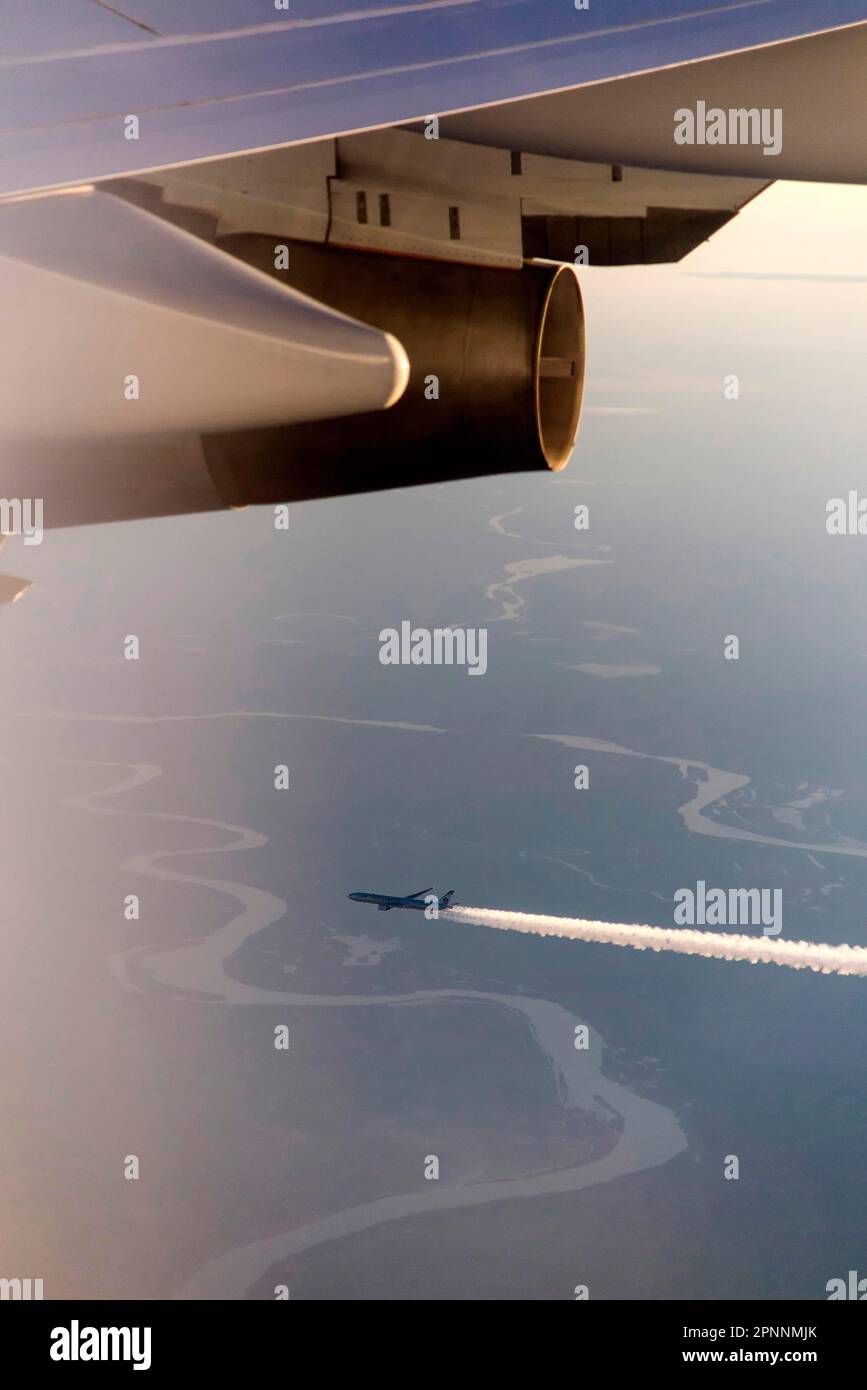 View from an aeroplane window, landscape with aeroplane of the airline ...