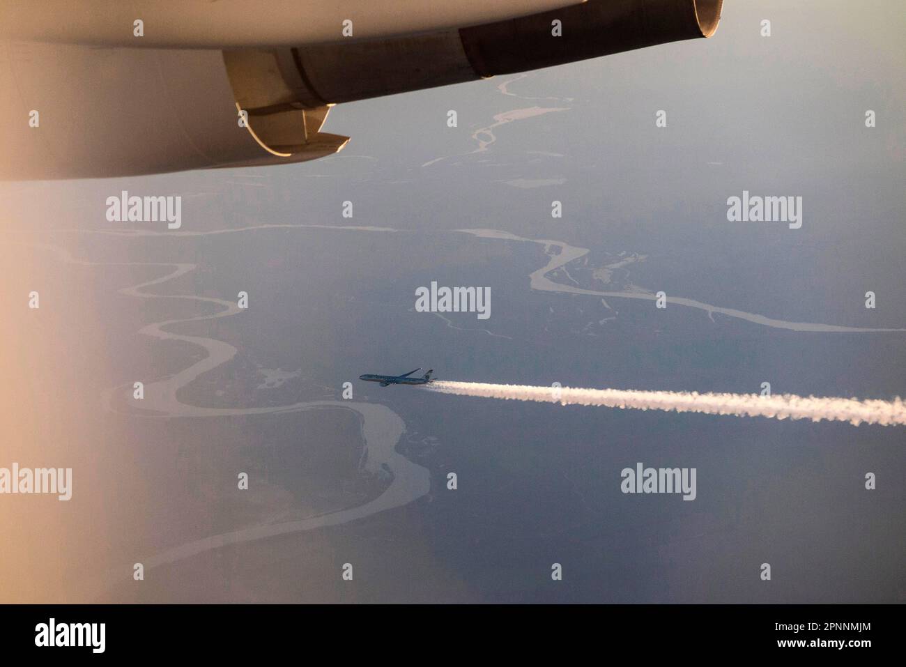 View from an aeroplane window, landscape with aeroplane of the airline ...