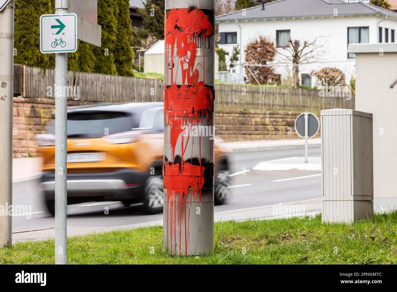 Radar speed camera, speed monitoring in a through road, damaged with ...