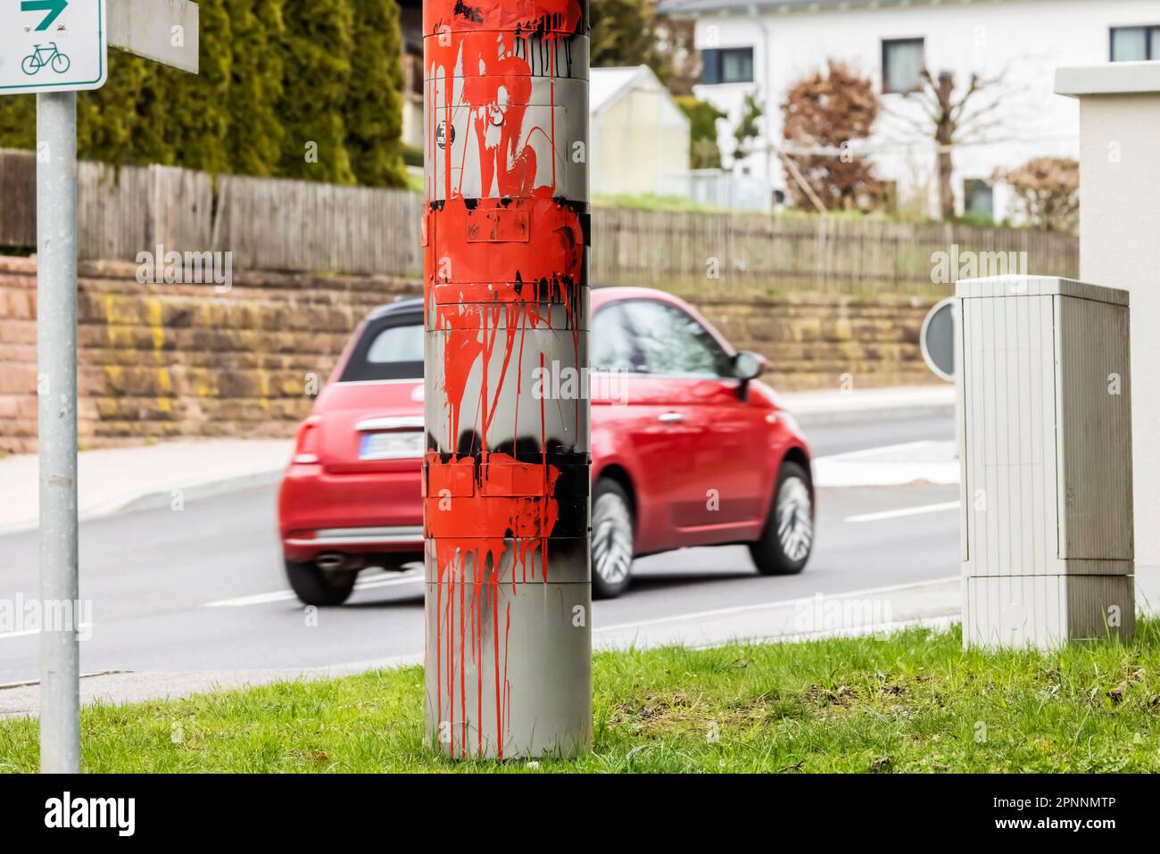 Radar speed camera, speed monitoring in a through road, damaged with ...