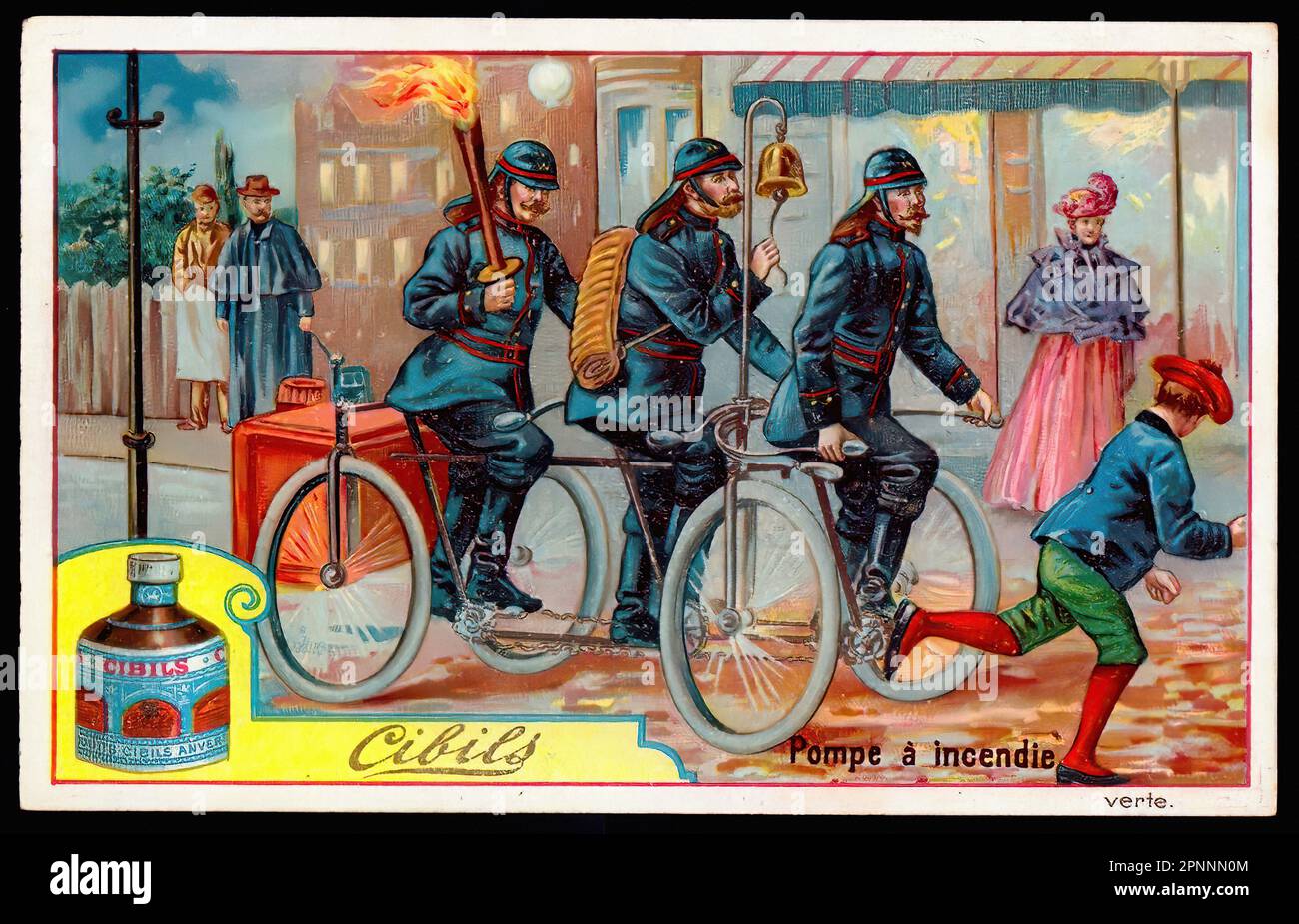 Firemen on Bicycles - Vintage Belgian Tradecard, Belle Epoque Era Stock ...
