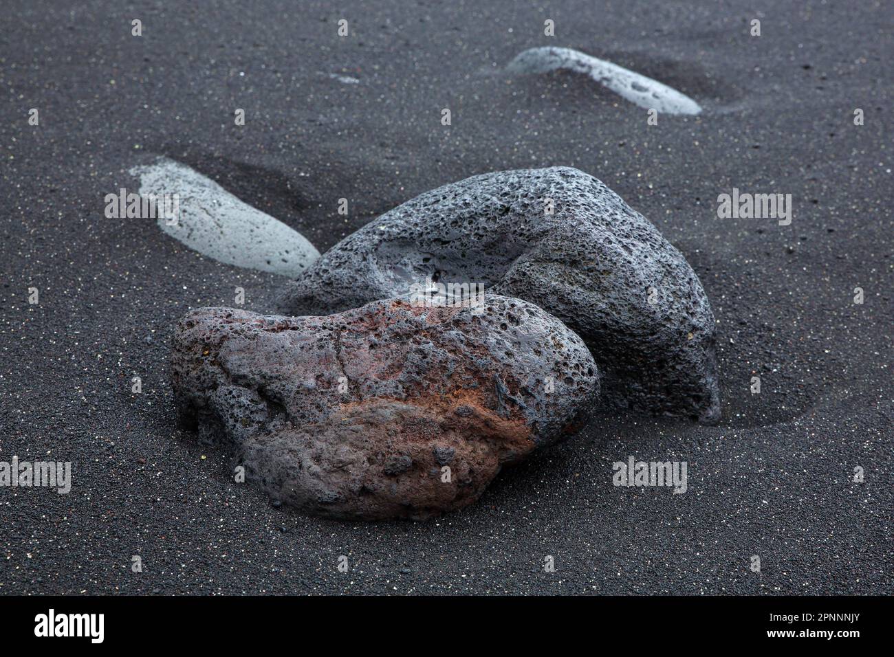 Lava rock in the black sand on the beach, volcanic rock, volcanic ...