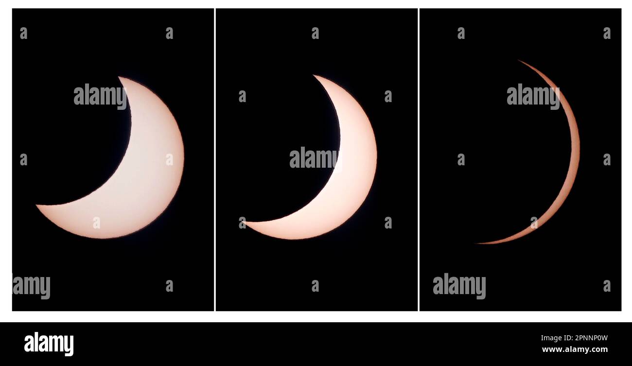 This combination image of photos shows a hybrid solar eclipse seen from ...