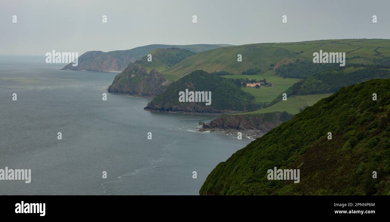 View of Lynmouth Bay, with bright sunny weather, blue sky with white ...