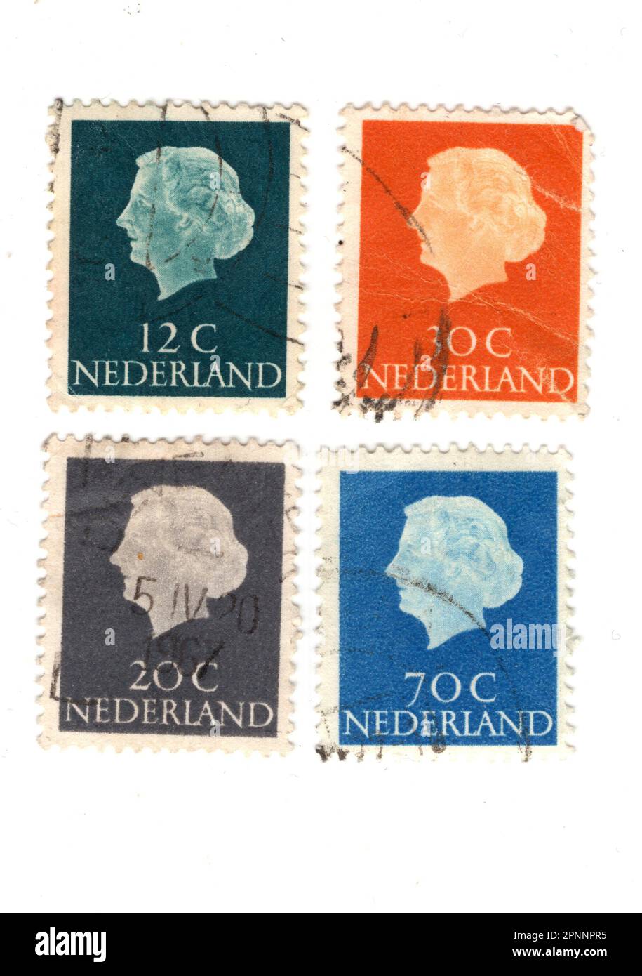 Vintage postage stamps from the Netherlands isolated on a white ...