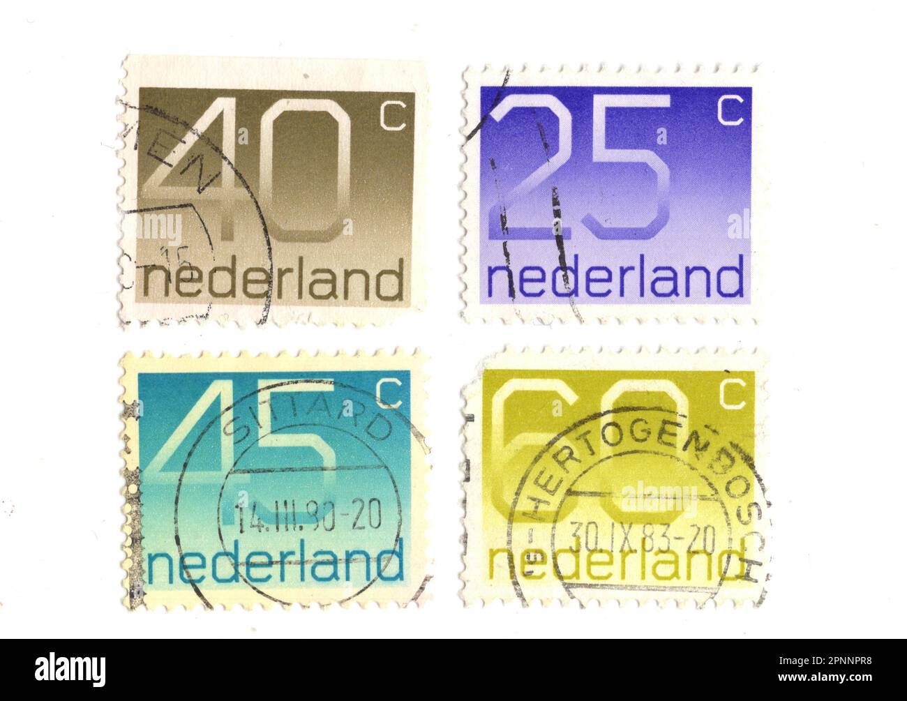 Vintage postage stamps from the Netherlands isolated on a white ...