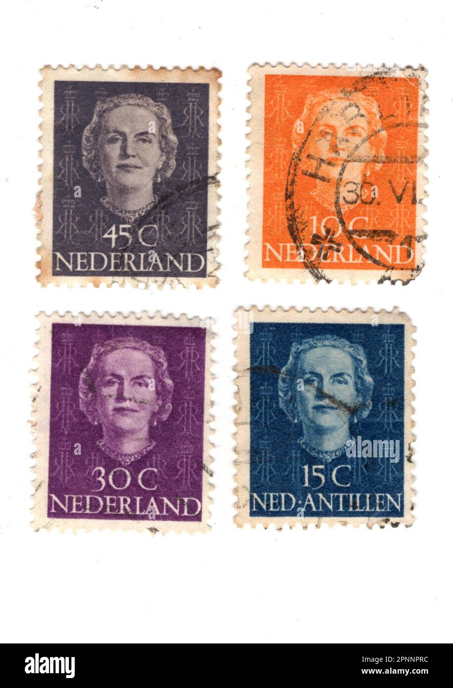 Vintage postage stamps from the Netherlands isolated on a white ...