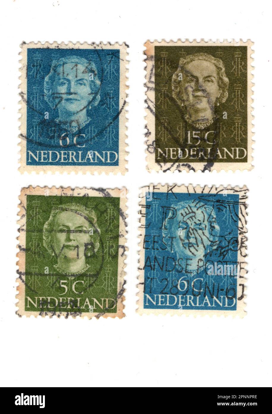 Vintage postage stamps from the Netherlands isolated on a white ...