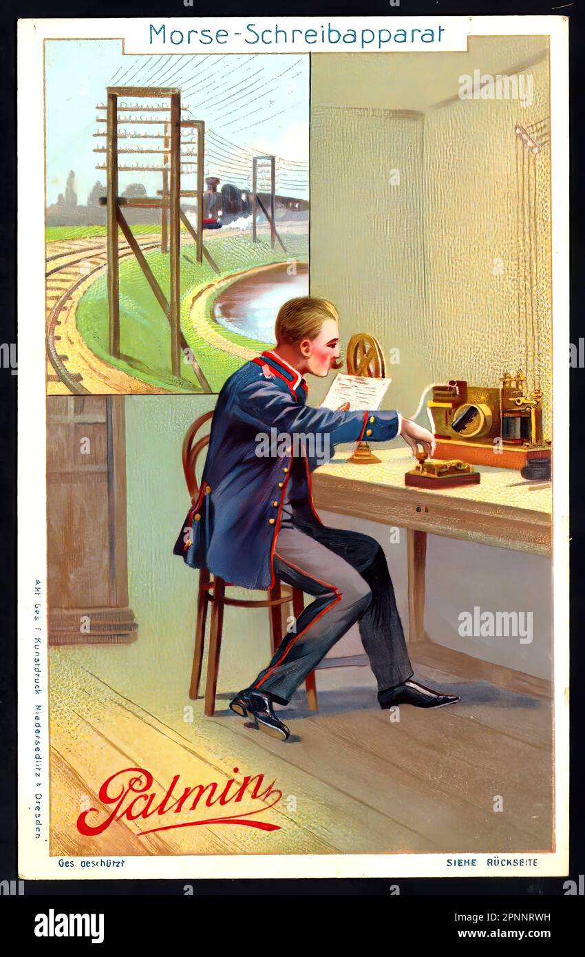 Communicating by Morse Code - Vintage German Tradecard Stock Photo - Alamy