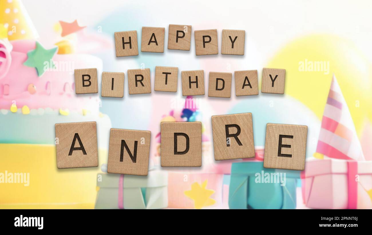 Happy Birthday Andre card with wooden tiles text. Boys birthday card ...