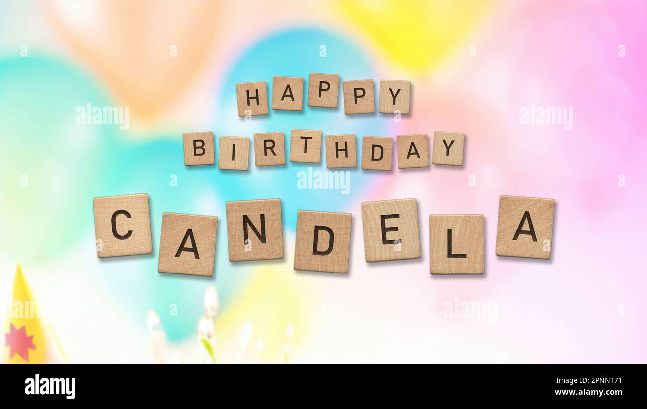 Happy Birthday Candela card with wooden tiles text. Girls birthday card ...