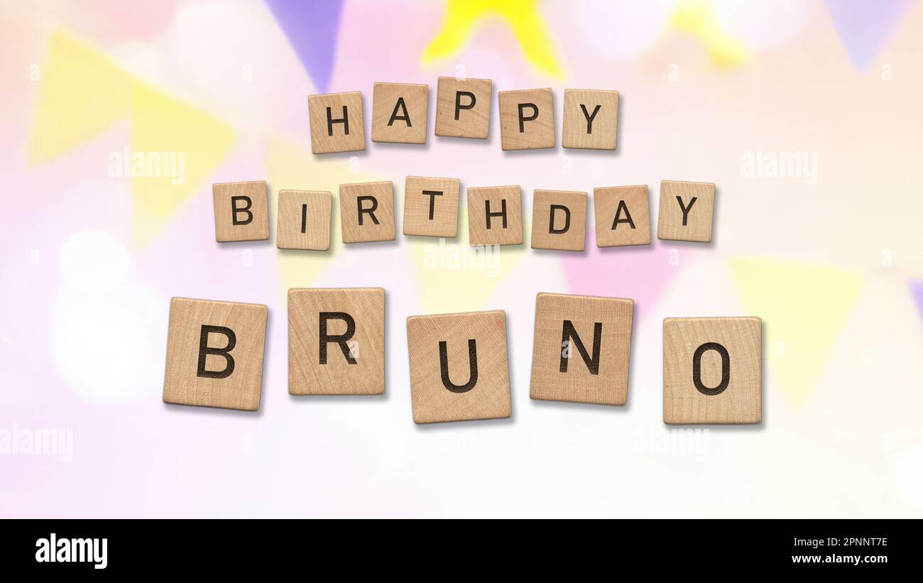 Happy Birthday Bruno card with wooden tiles text. Boys birthday card ...