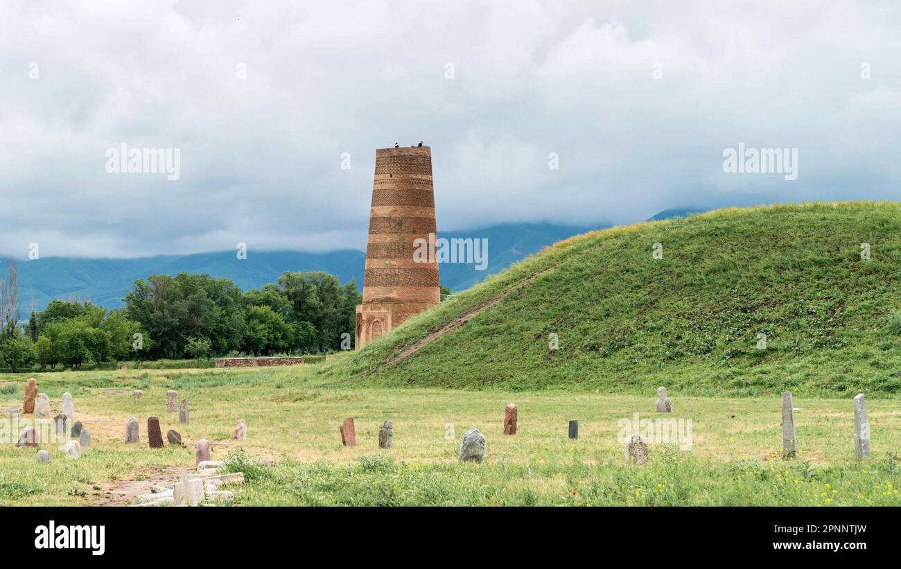 Old Burana tower located on famous Silk road, Kyrgyzstan, is an 11th ...