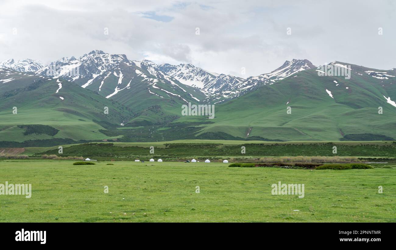 Kyrgyzstan nature green landscape with snow capped mountains ...