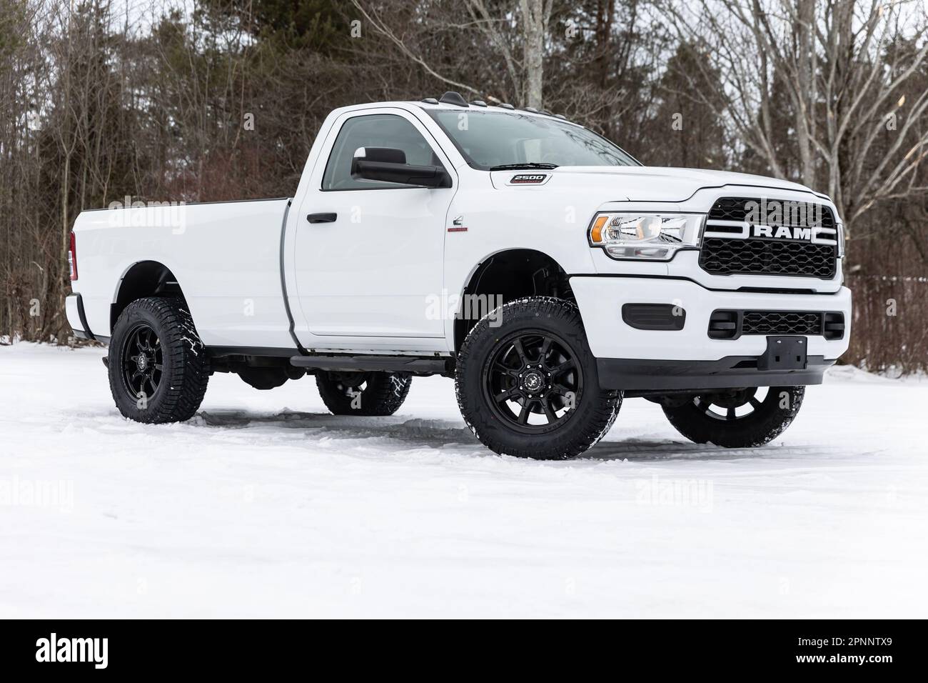 A white Dodge Ram truck parked on a concrete surface in a natural ...