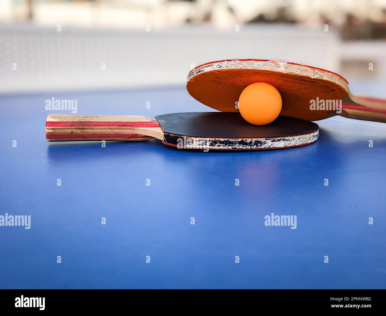The professional ping pong rackets on a vibrant blue ping pong table ...