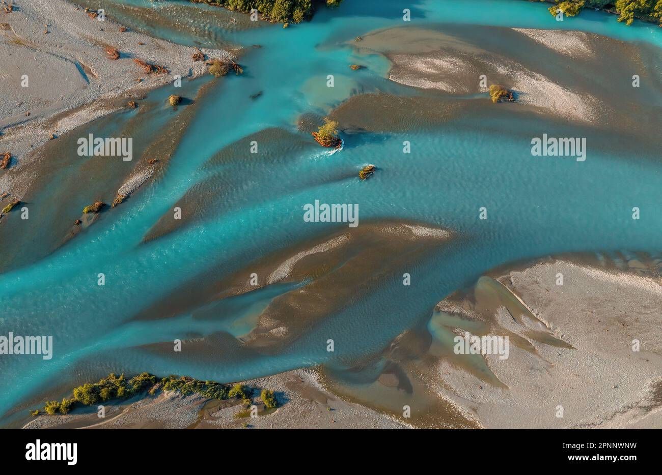 Bird's eye view of river braiding, Aoraki Mt Cook national park, New ...