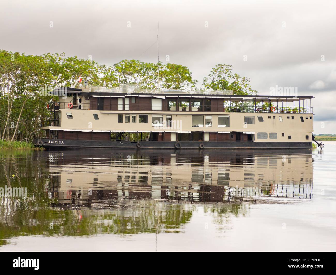 Loreto, Peru - Apr, 2022: Luxury tourist cruise ship on the the Maranon ...