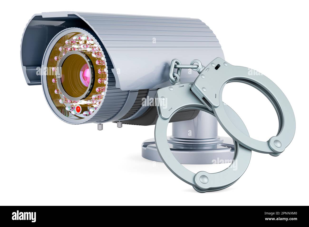 Handcuffs with security camera, 3D rendering isolated on white ...