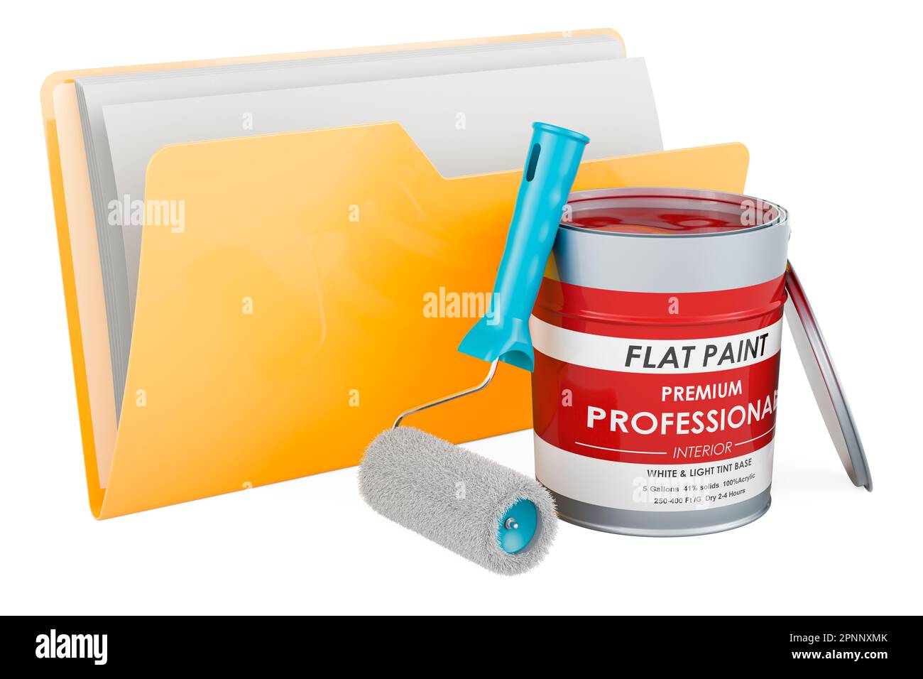 Yellow computer folder icon with paint can and roller brush, 3D ...