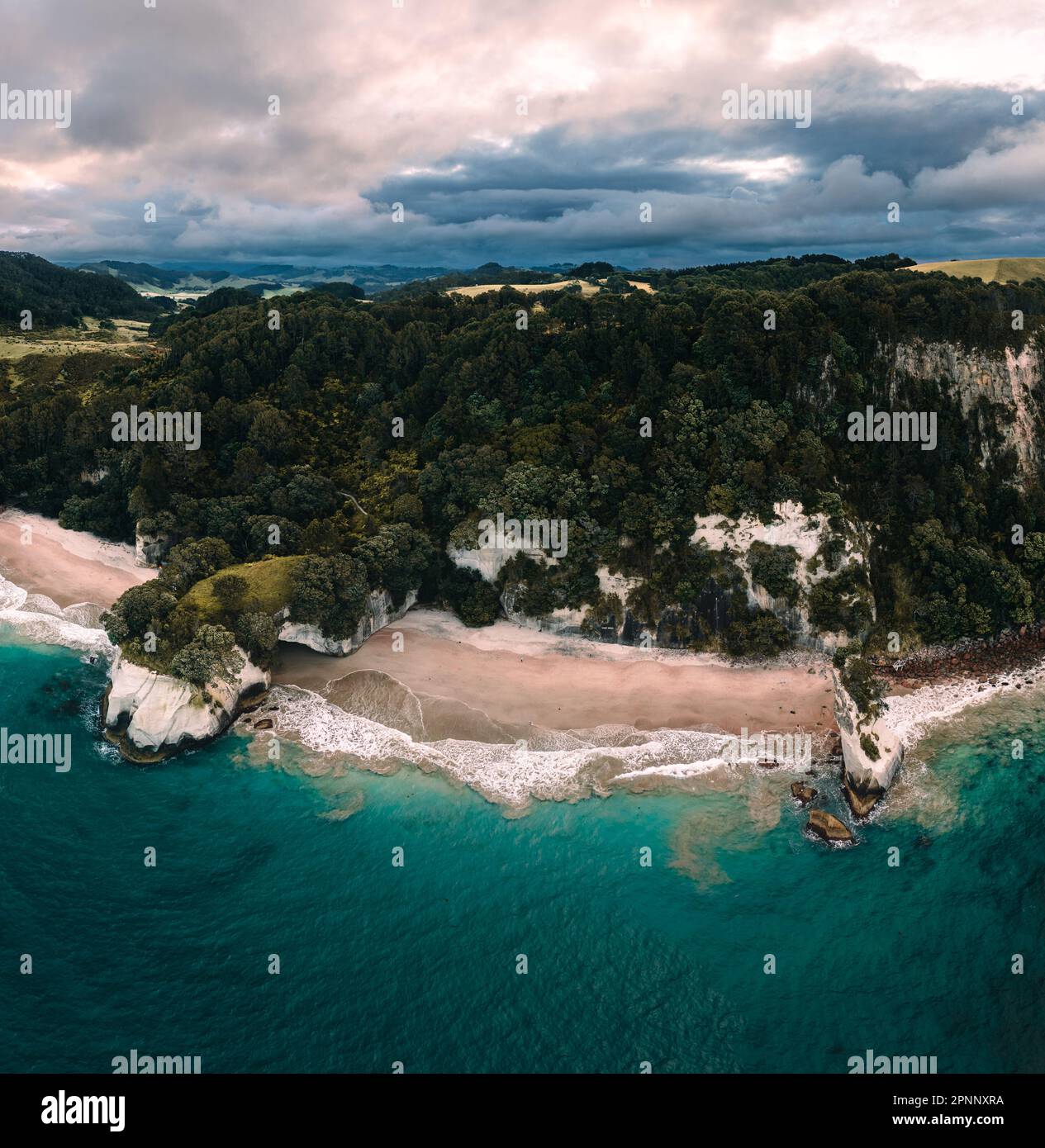 Aerial of Te Whanganui-A-Hei Cathedral Cove Marine Reserve in ...