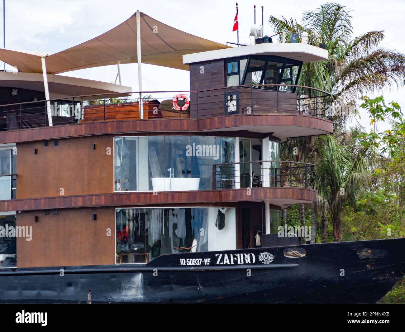 Loreto, Peru - Apr, 2022: Luxury tourist cruise ship on the the Maranon ...