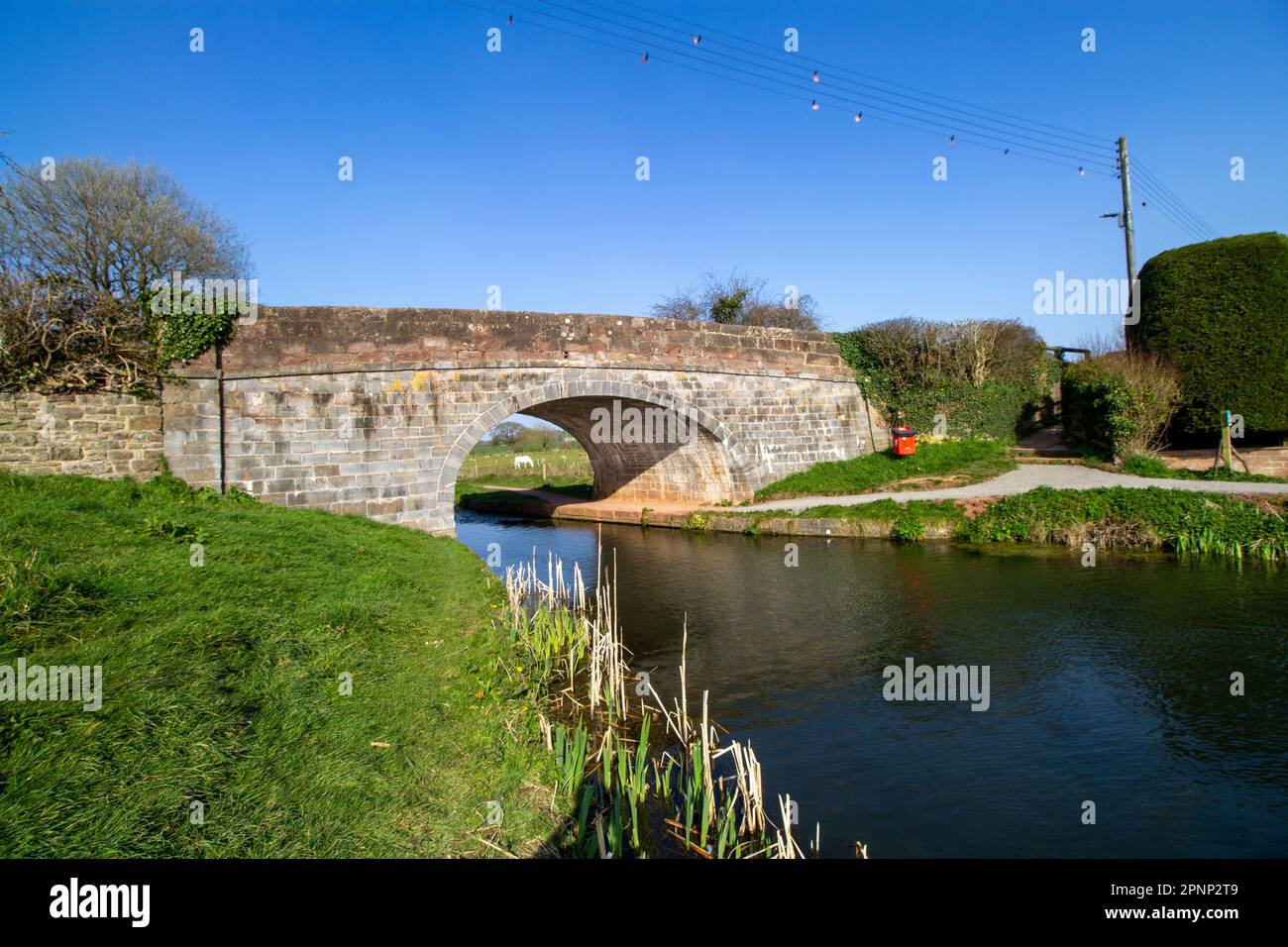 the Grand Western Canal and road bridge in winter with green fields and ...