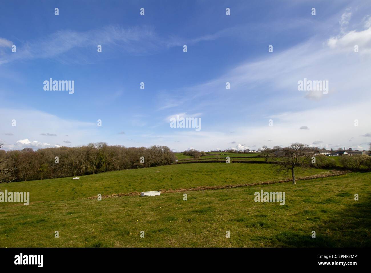 Typical countryside of Devon with green fields, gentle hills with ...