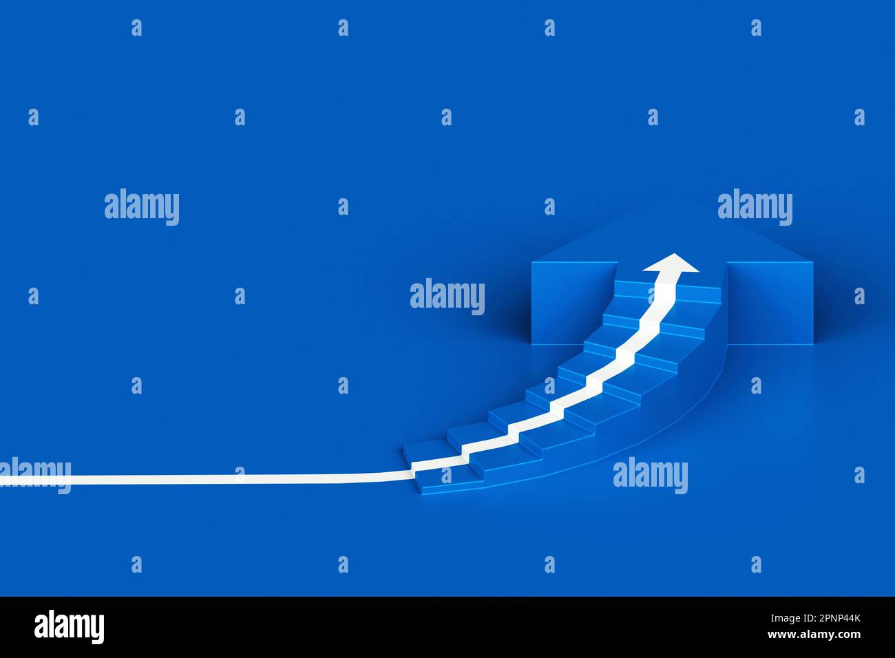 White arrow following the spiral staircase of growth on blue background ...