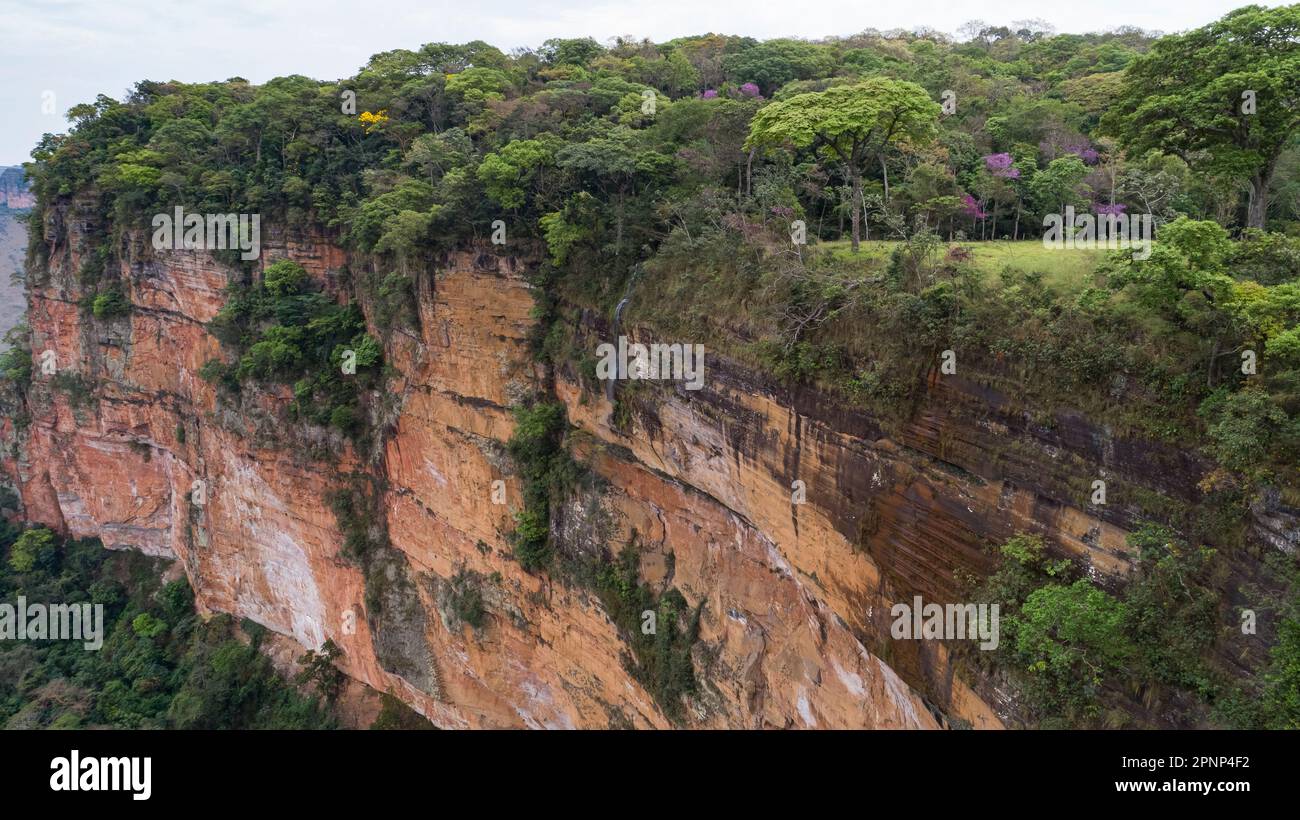 Close-up aerial view of towering cliffs with rainforest, Chapada dos ...