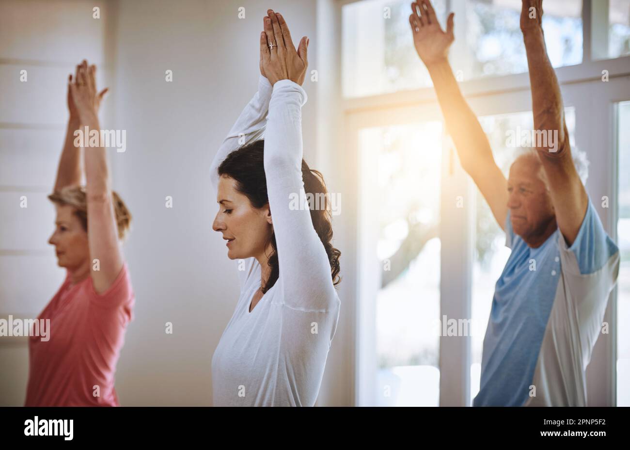 Staying fit and healthy. a teacher taking two seniors through a yoga ...