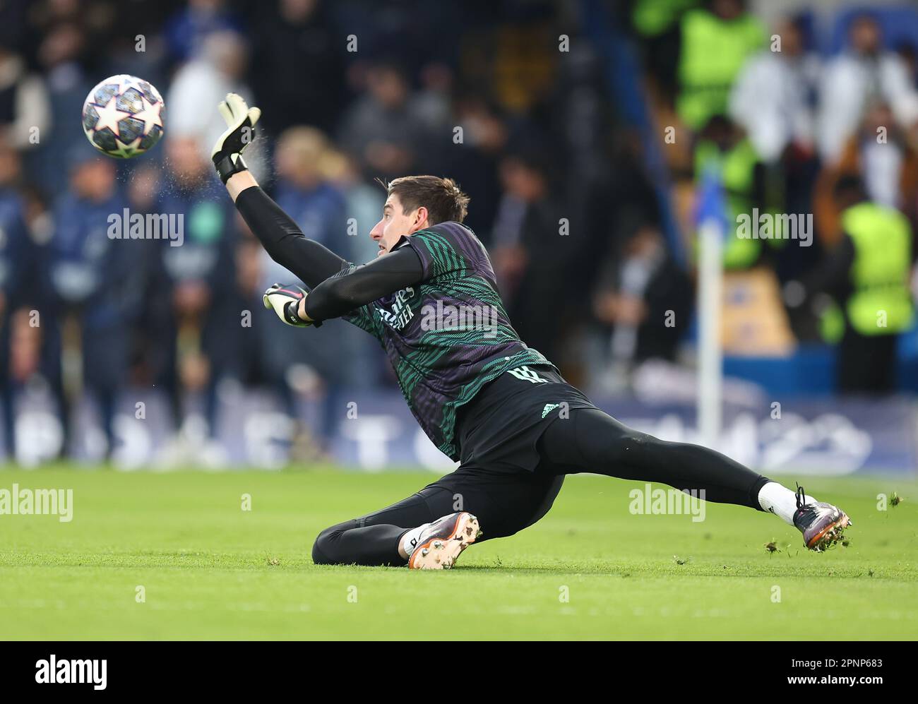Thibaut Courtois of Real Madrid warms up during Chelsea v Real Madrid ...