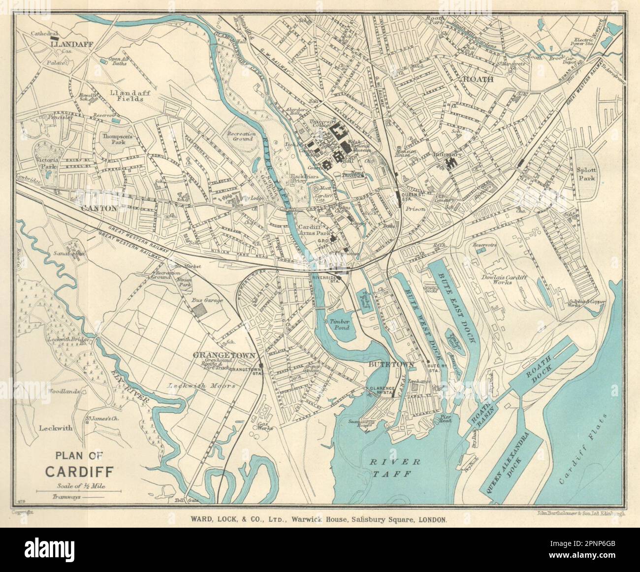 CARDIFF vintage city town plan. Wales. WARD LOCK 1950 old vintage map ...