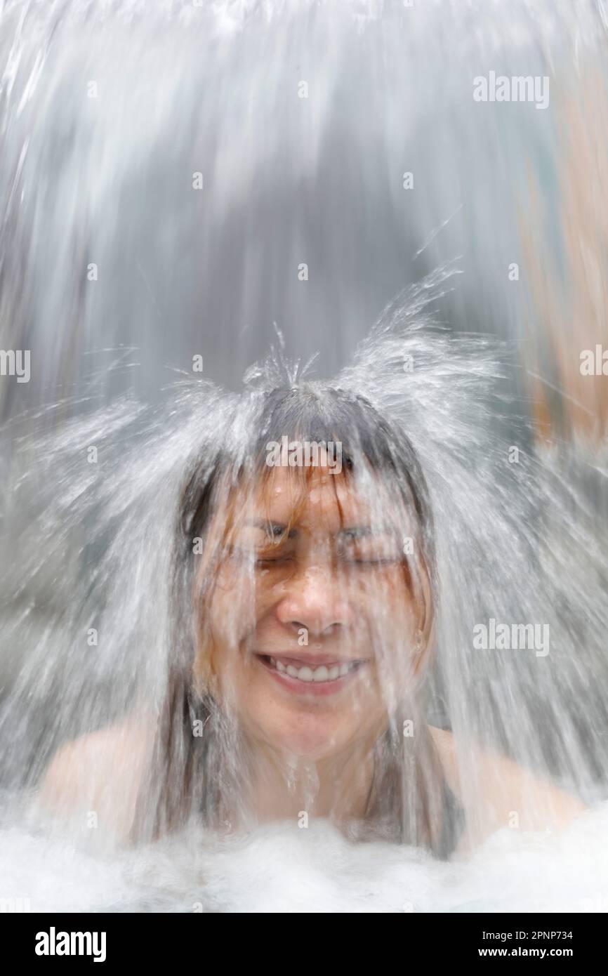 Saint-Gervais Mont-Blanc thermal spa. Balneotherapy. Woman enjoying of ...