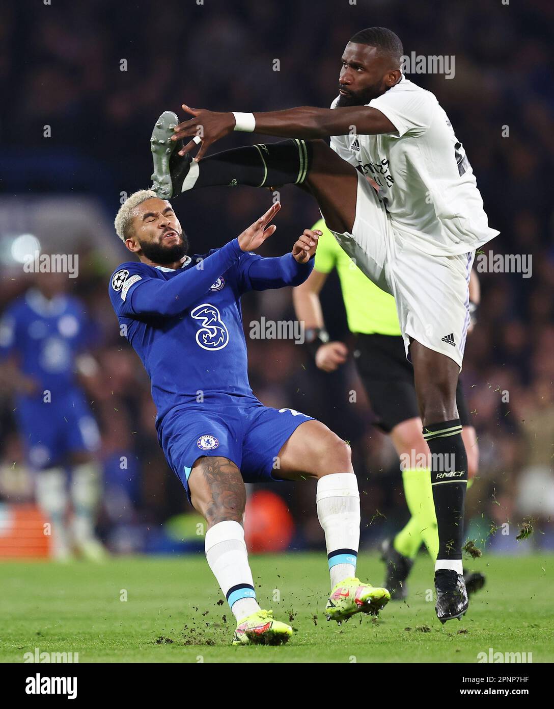 Reece James of Chelsea and Antonio Rudiger of Real Madrid during ...