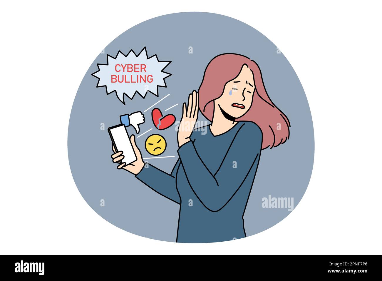 Cyber bullying and online crime concept. Stressed crying girl standing ...