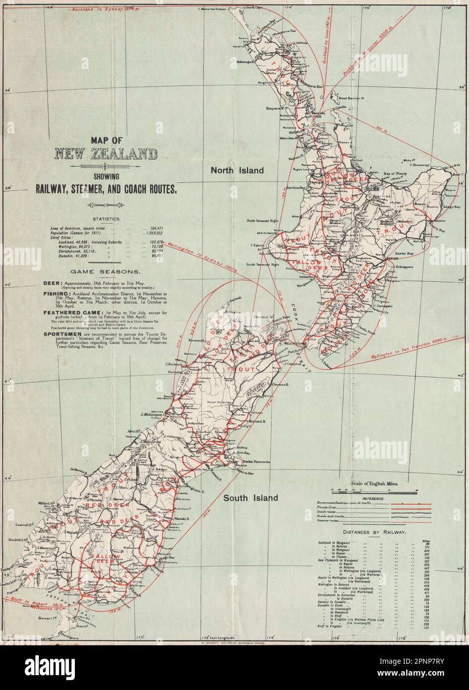 NEW ZEALAND Game deer trout seasons Railway Steamer Coach Routes 1912 ...