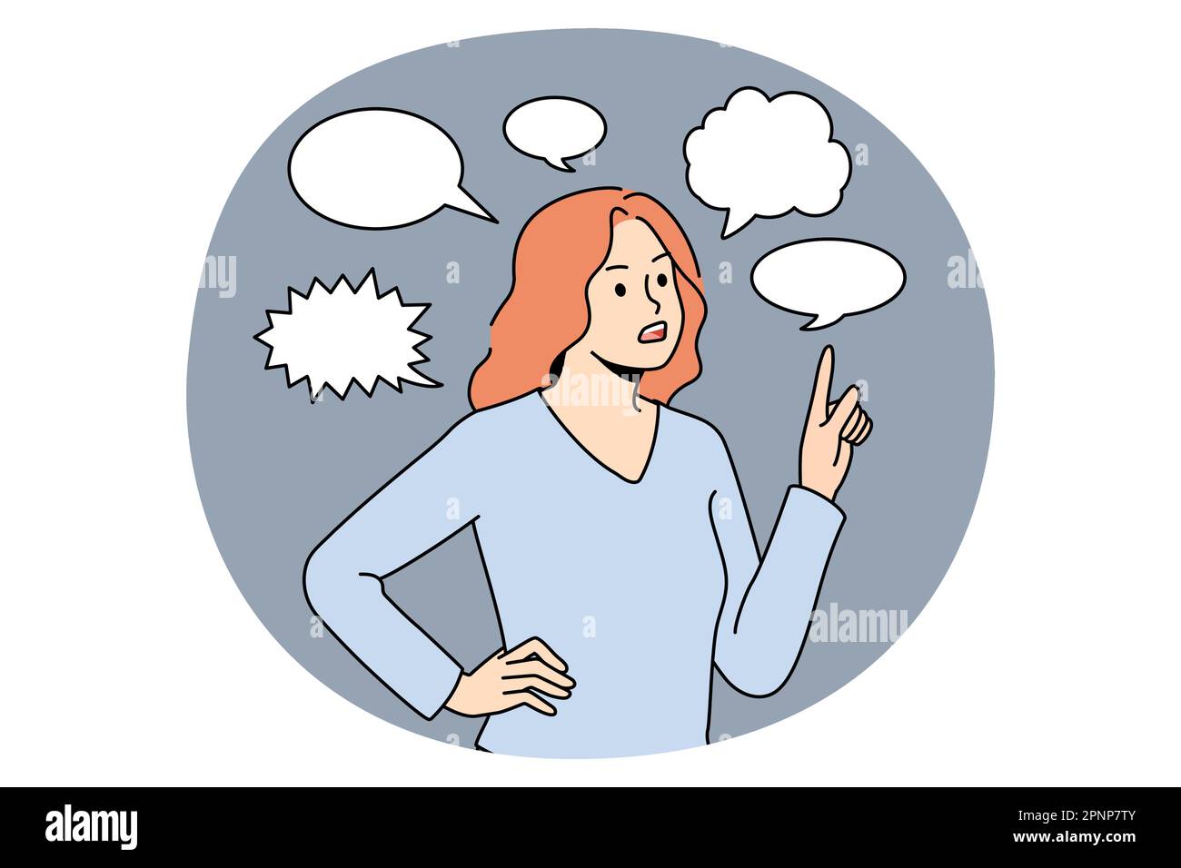 Thinking communication and chat concept. Young frustrated woman ...